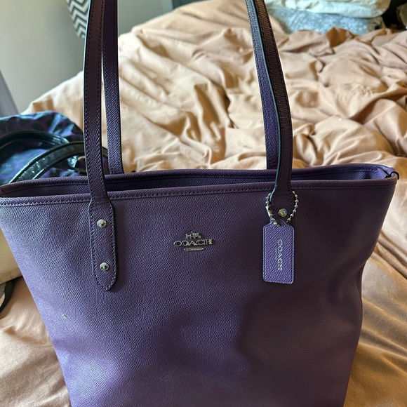 Coach | Bags | Coach Purple Leather Tote With Signature Logo | Poshmark